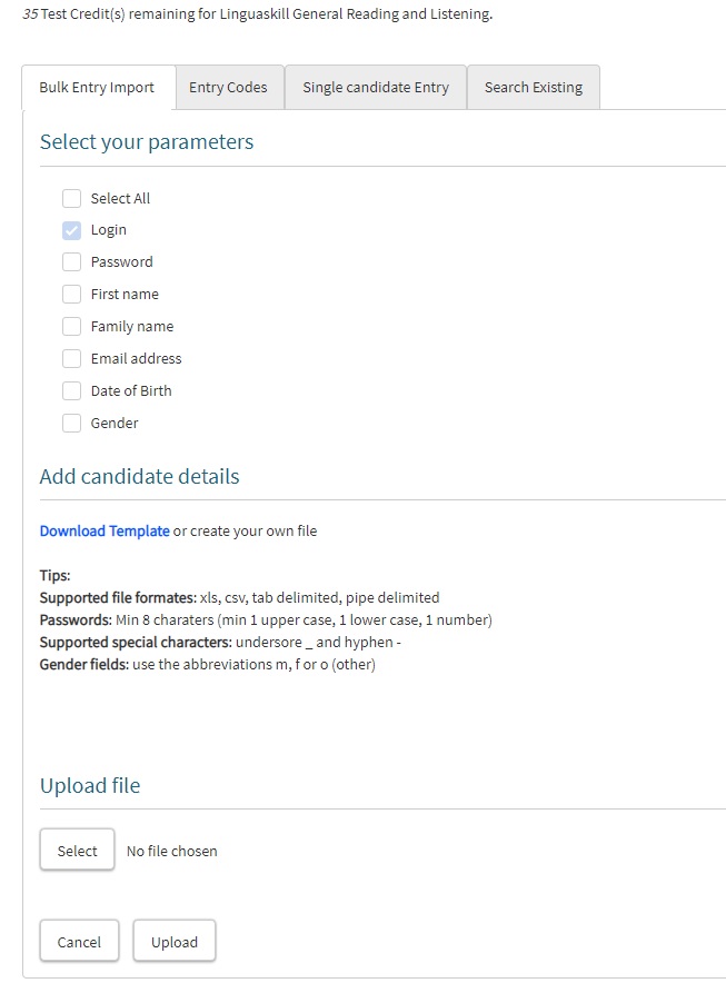 Cambridge English Placement Test (CEPT) - Adding Entries - Bulk Entry ...
